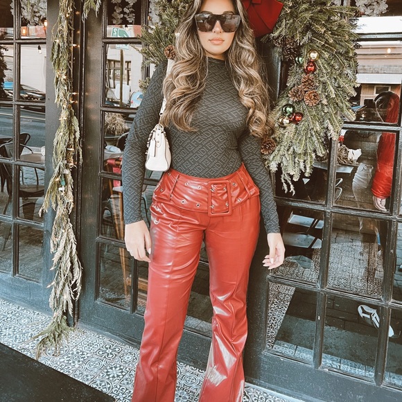 Pants & Jumpsuits | Cherry Red Belted Leather Pants | Poshmark